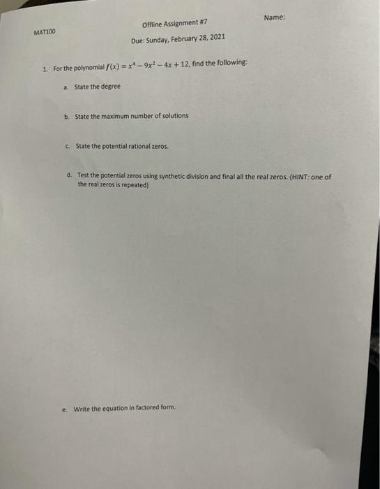 Solved Offline Assignment #7 Name: MAT100 Due: Sunday, | Chegg.com