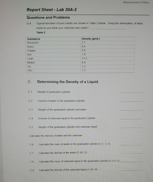 Report Sheet - Lab 30A-2 Date Name Team Section | Chegg.com
