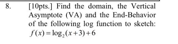 Solved [10pts.] Find the domain, the Vertical Asymptote (VA) | Chegg.com