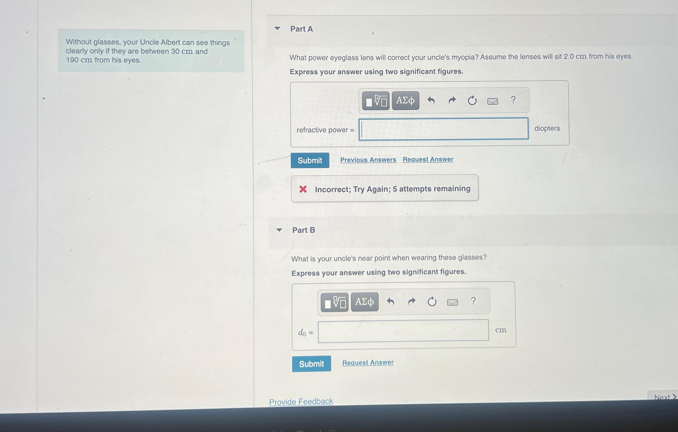 Solved Part AWithout glasses, your Uncle Albert can see | Chegg.com
