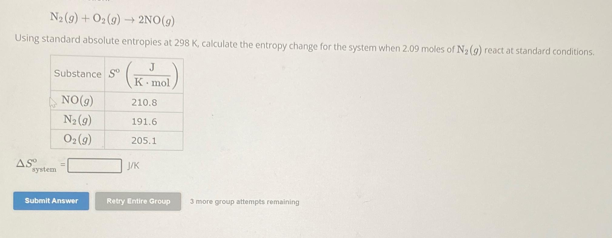 Solved N2(g)+O2(g)→2NO(g)Using standard absolute entropies | Chegg.com