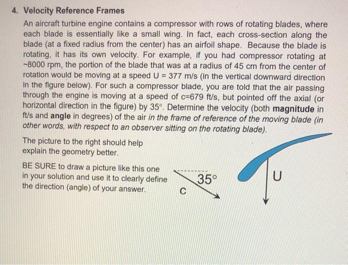 Solved 4. Velocity Reference Frames An aircraft turbine | Chegg.com