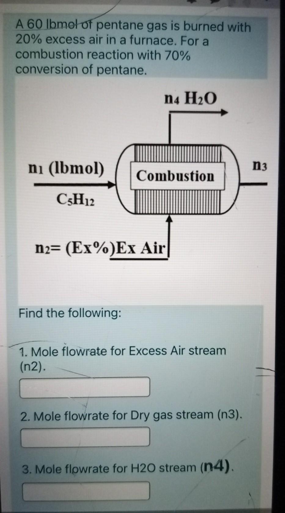 Solved A 60 lbmol of pentane gas is burned with 20% excess | Chegg.com