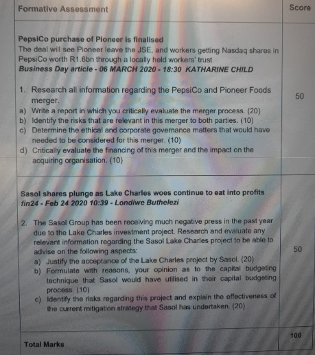 Solved Formative AssessmentScorePepsiCo purchase of Pioneer | Chegg.com