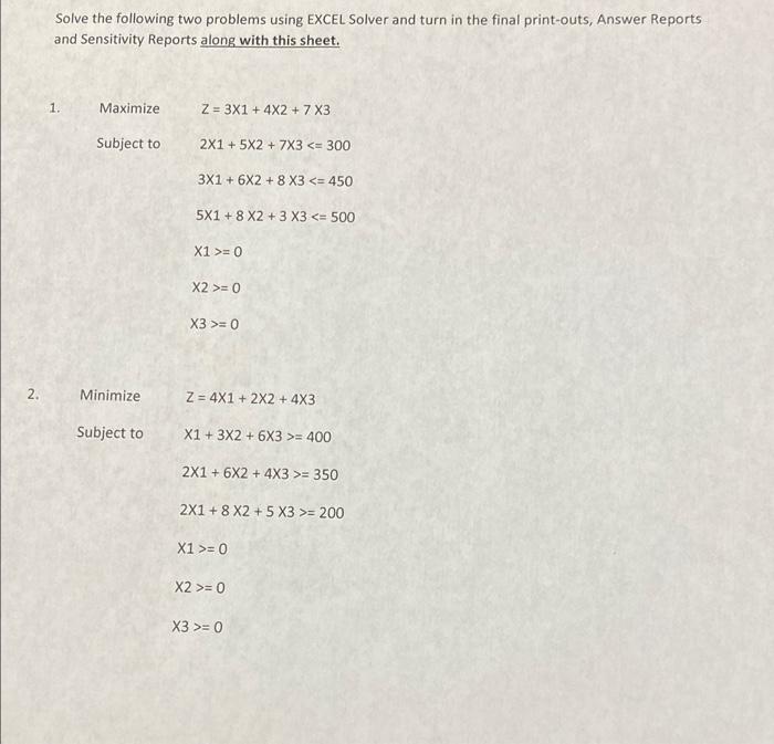 Solved Solve the following two problems using EXCEL Solver | Chegg.com