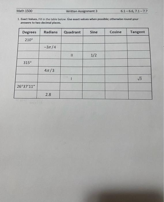 Solved 1. Exact Values. Fill in the table below. Use exact | Chegg.com