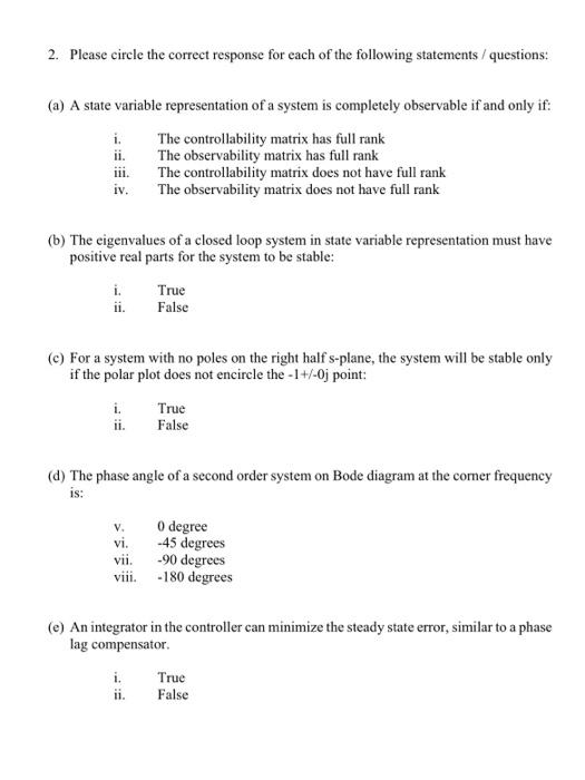 Solved 2. Please circle the correct response for each of the | Chegg.com