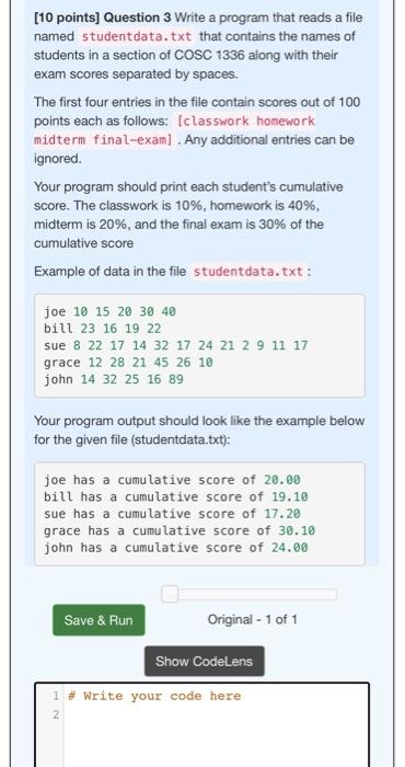 Solved [10 points] Question 3 Write a program that reads a | Chegg.com
