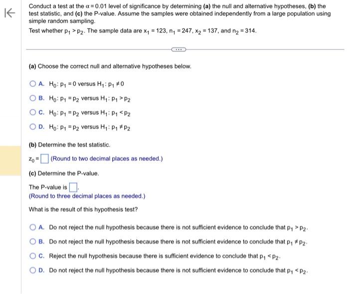 Solved Conduct a test at the α=0.01 level of significance by | Chegg.com