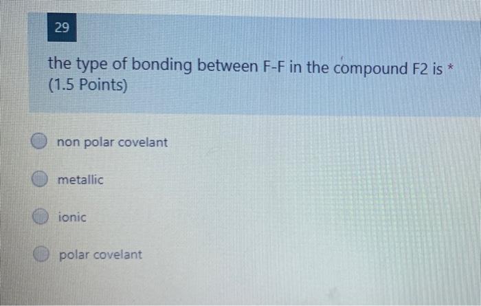 Solved 29 the type of bonding between F-F in the compound F2 | Chegg.com
