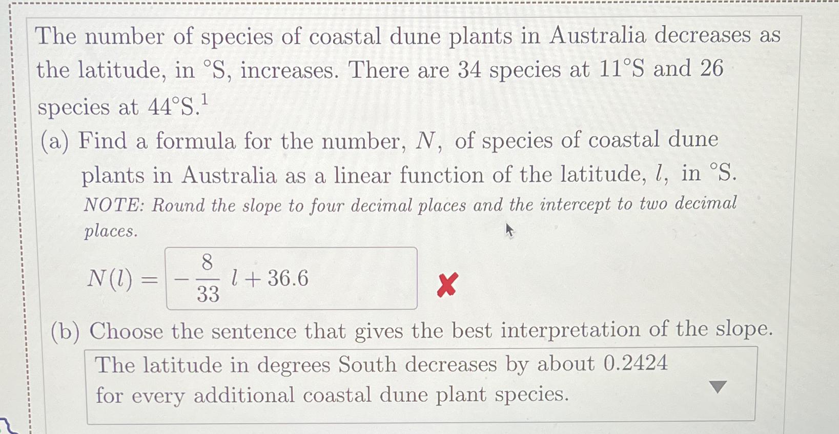 Solved The number of species of coastal dune plants in | Chegg.com