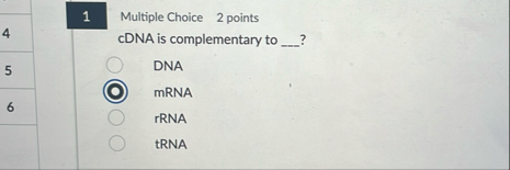 Solved 1Multiple Choice 2 ﻿points4 ﻿cDNA is complementary to | Chegg.com