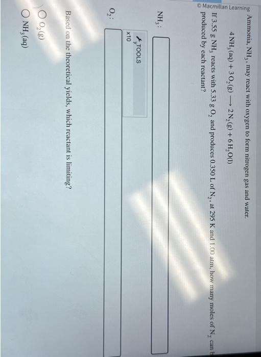 Solved Ammonia, NH3, may react with oxygen to form nitrogen | Chegg.com