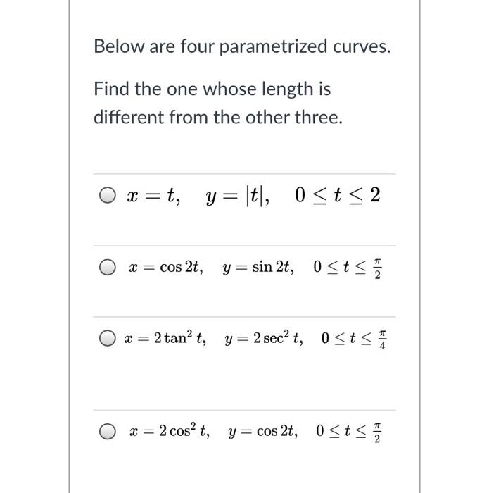 Solved Below are four parametrized curves. Find the one | Chegg.com