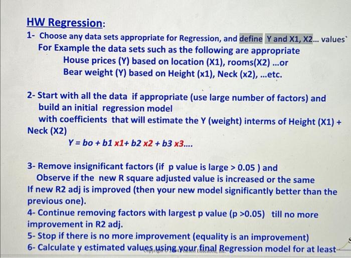 Solved HW Regression: 1- Choose any data sets appropriate | Chegg.com