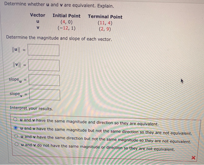 Solved Determine whether u and v are equivalent. Explain. | Chegg.com
