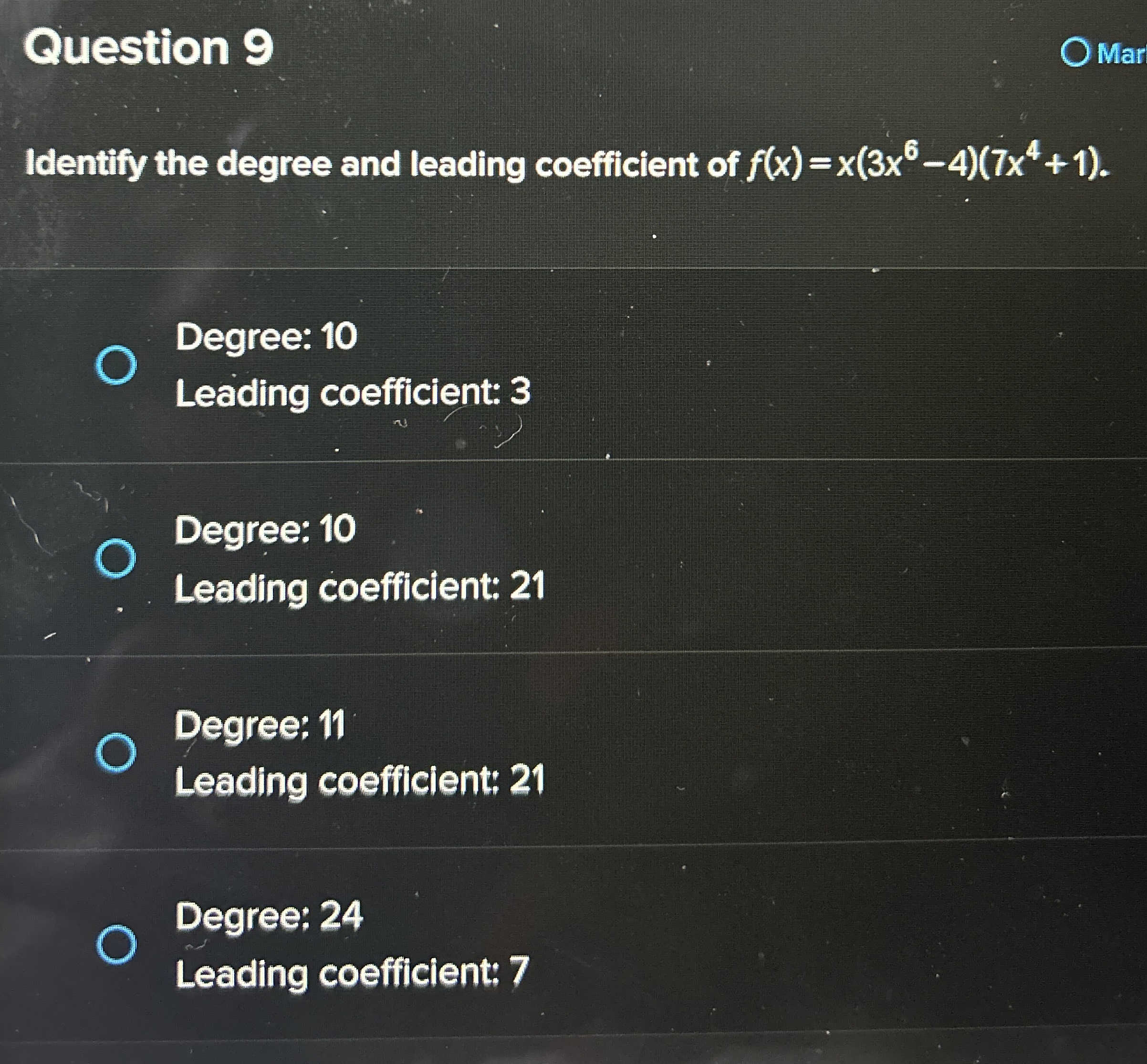 Solved Question 9MarIdentify the degree and leading | Chegg.com