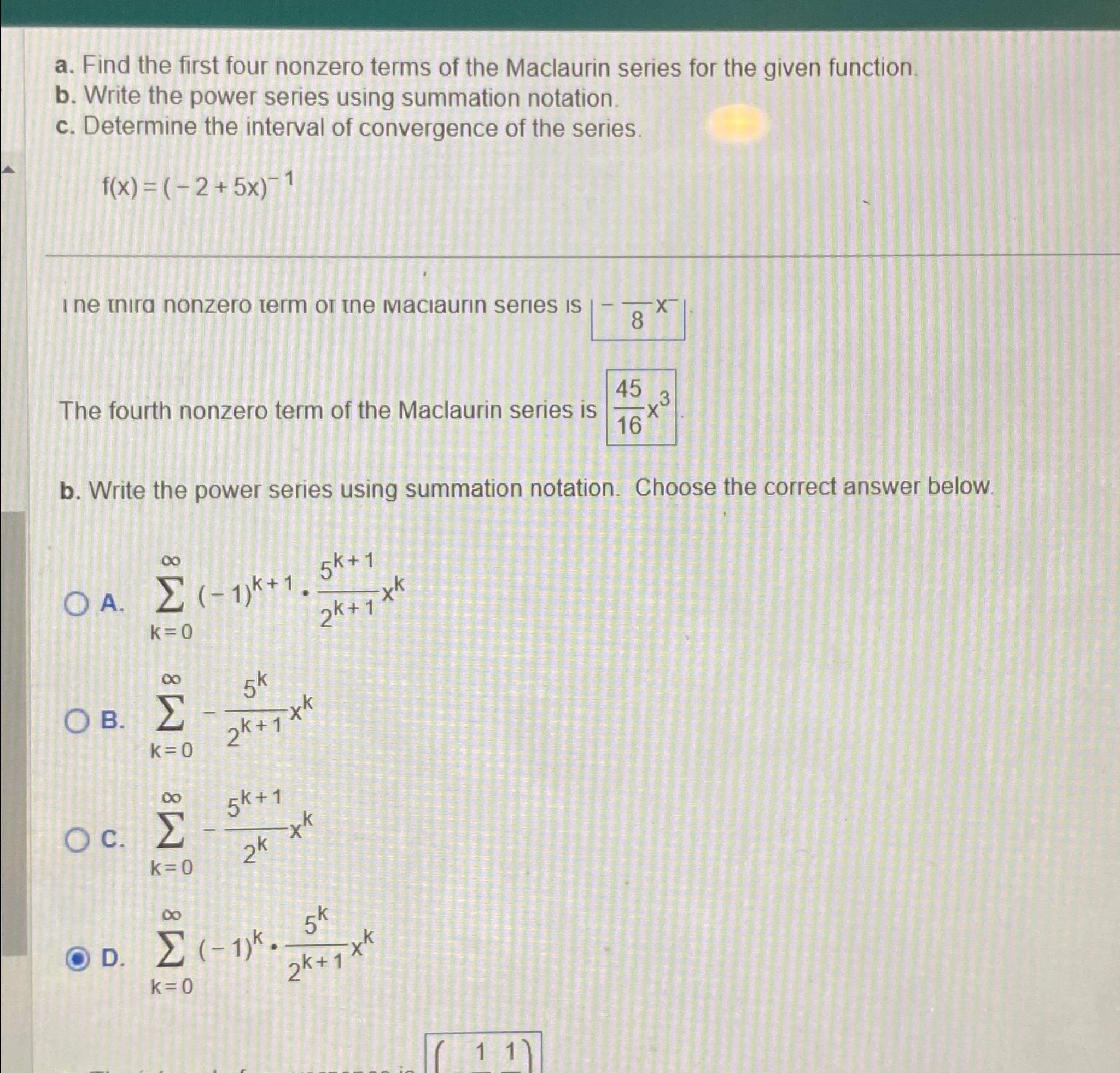 Solved a. ﻿Find the first four nonzero terms of the | Chegg.com