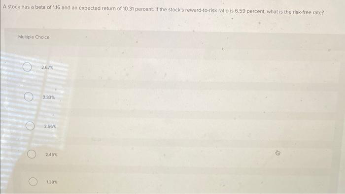 Solved A stock has a beta of 1.16 and an expected return of | Chegg.com