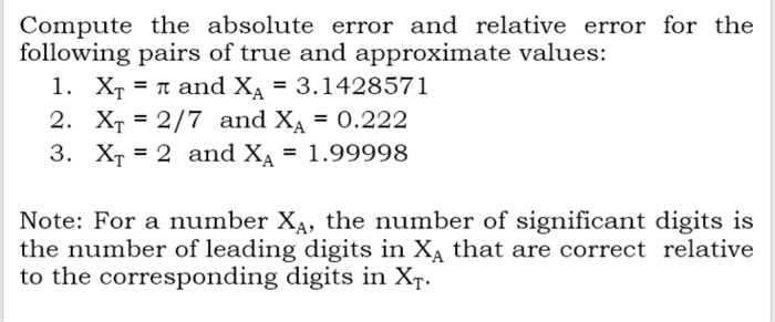 Solved Compute the absolute error and relative error for the | Chegg.com