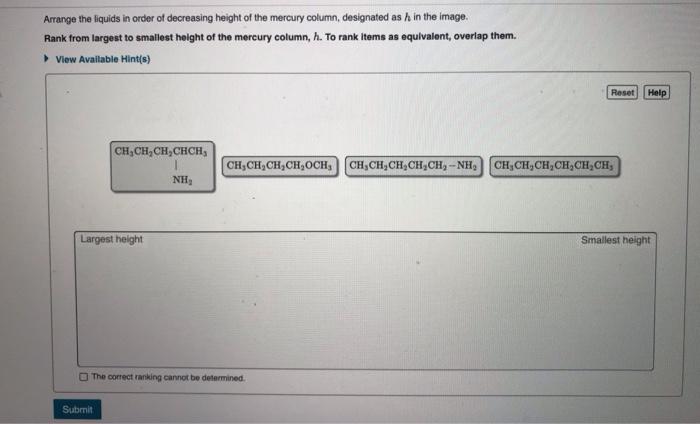 Arrange the liquids in order of decreasing height of | Chegg.com