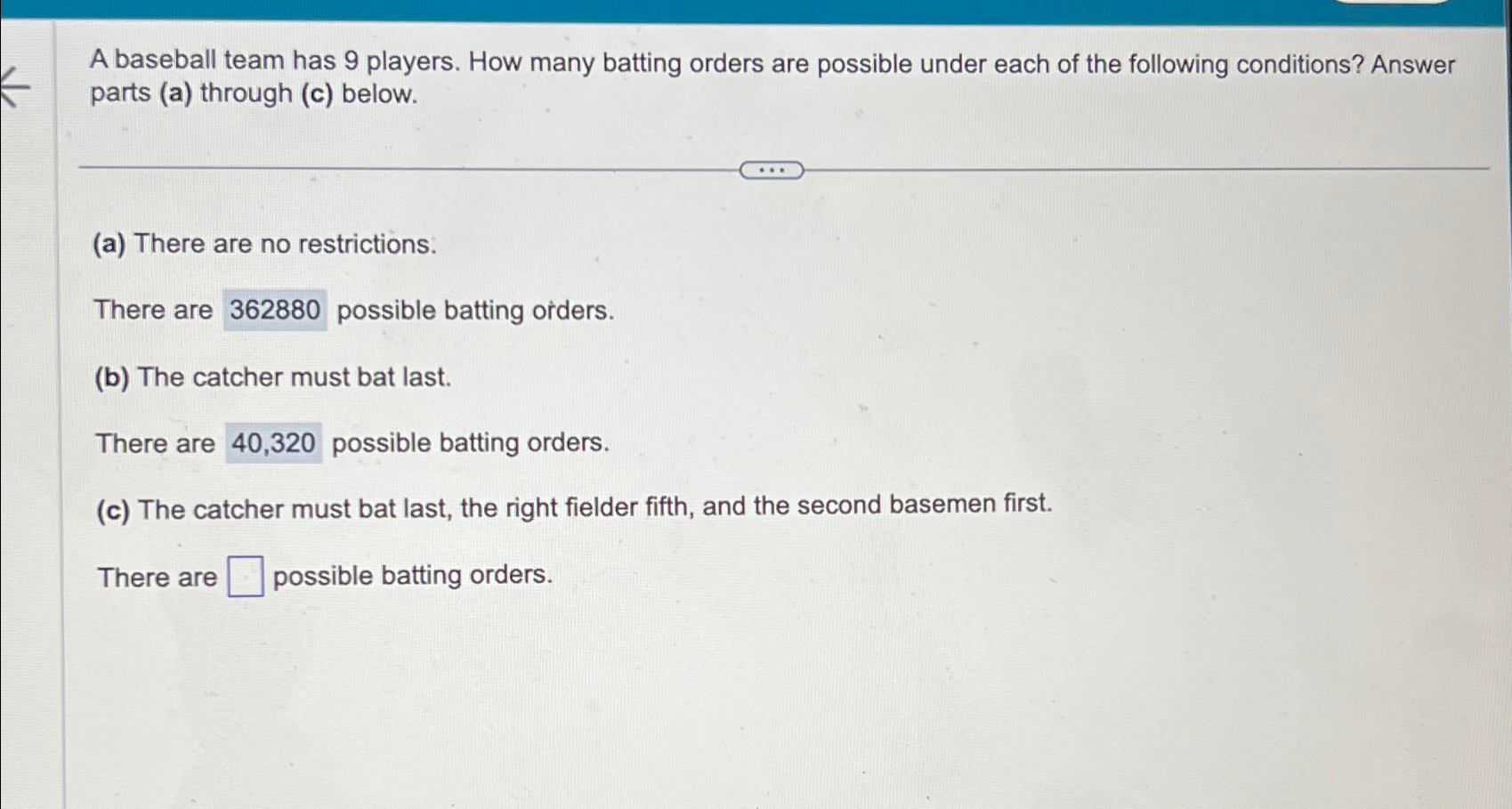 Solved A baseball team has 9 ﻿players. How many batting | Chegg.com