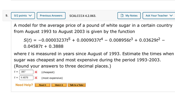 Solved 9. 0/2 points Previous Answers SCALCCC4 4.2.063. My | Chegg.com