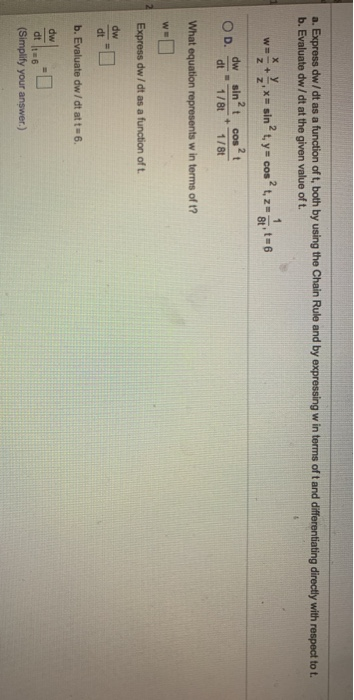 Solved a. Express dw/dt as a function of t, both by using | Chegg.com