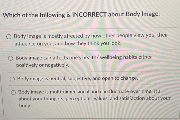 Solved Which of the following is INCORRECT about Body Image: | Chegg.com