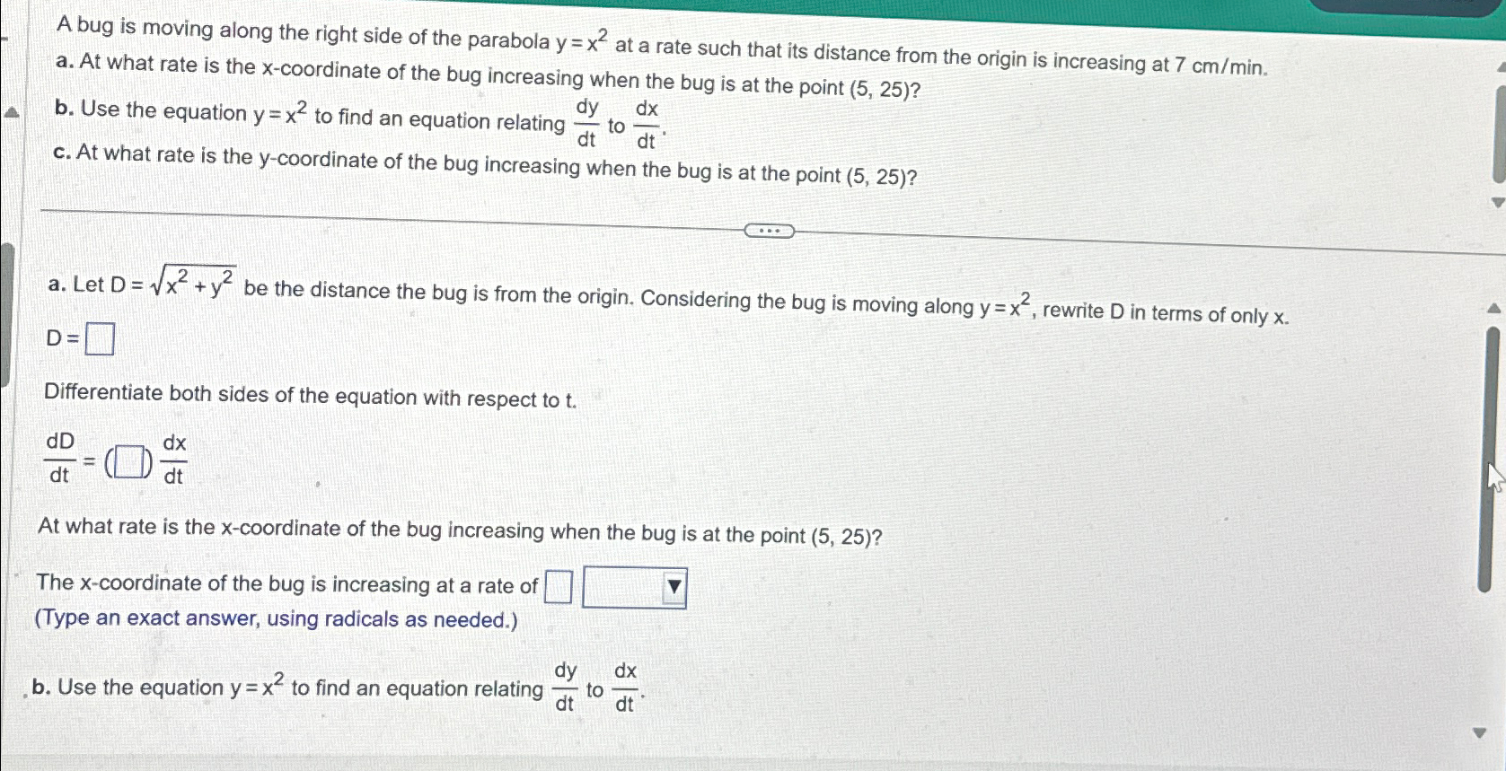 Solved A bug is moving along the right side of the parabola | Chegg.com