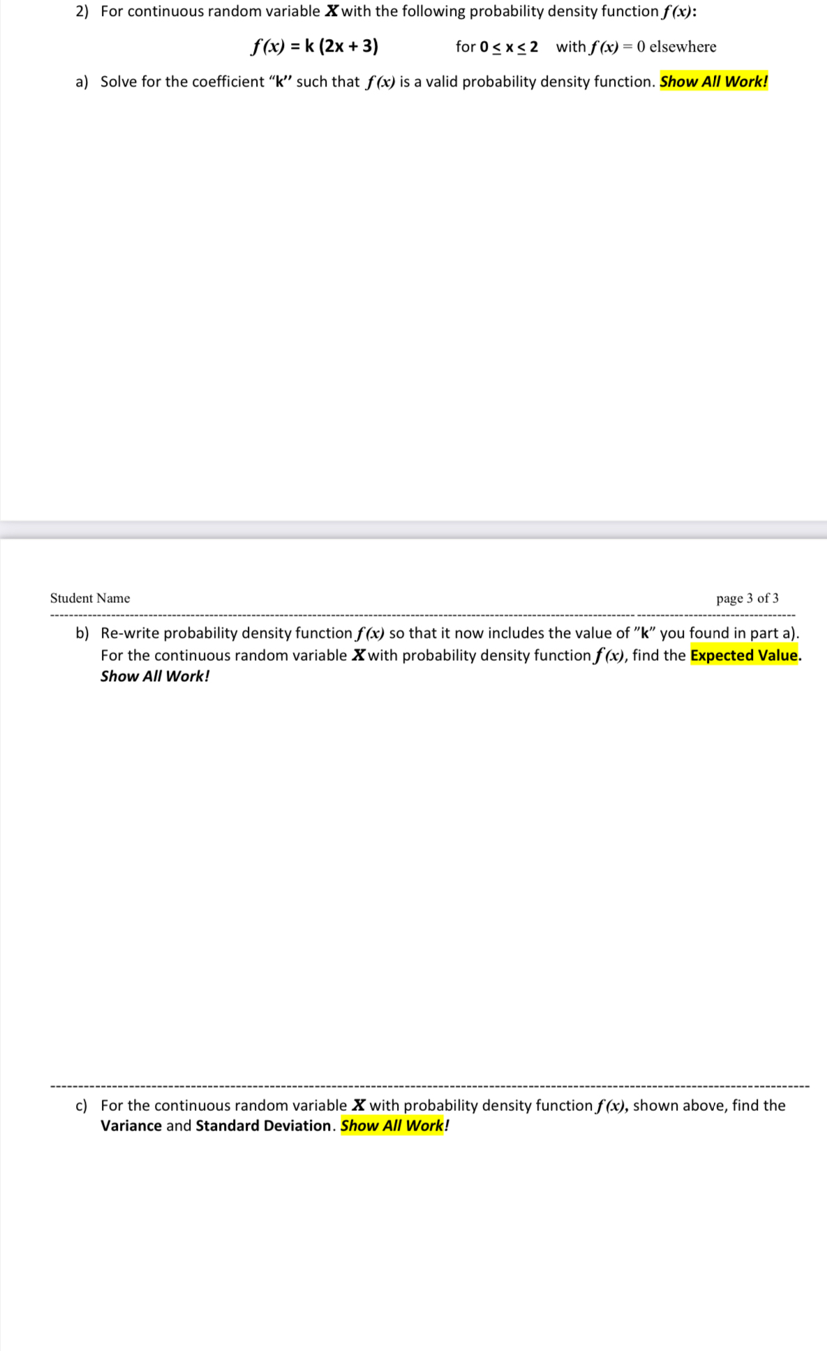 Solved For continuous random variable x ﻿with the following | Chegg.com