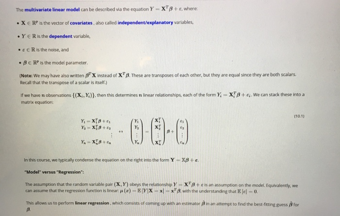 The multivariate linear model can be described via | Chegg.com