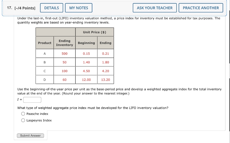 Solved [-/4 ﻿Points]Under the last-in, ﻿first-out (LIFO) | Chegg.com