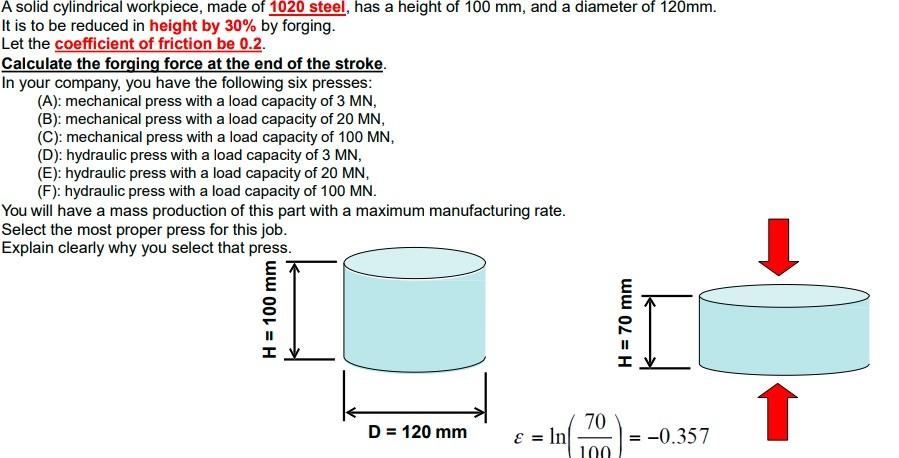 Solved A solid cylindrical workpiece, made of 1020 steel, | Chegg.com