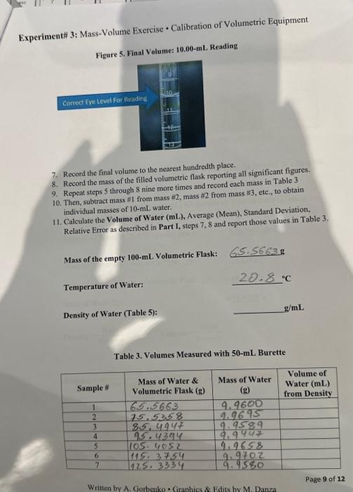 Solved Experiment\# 3: Mass-Volume Exercise - Calibration of | Chegg.com