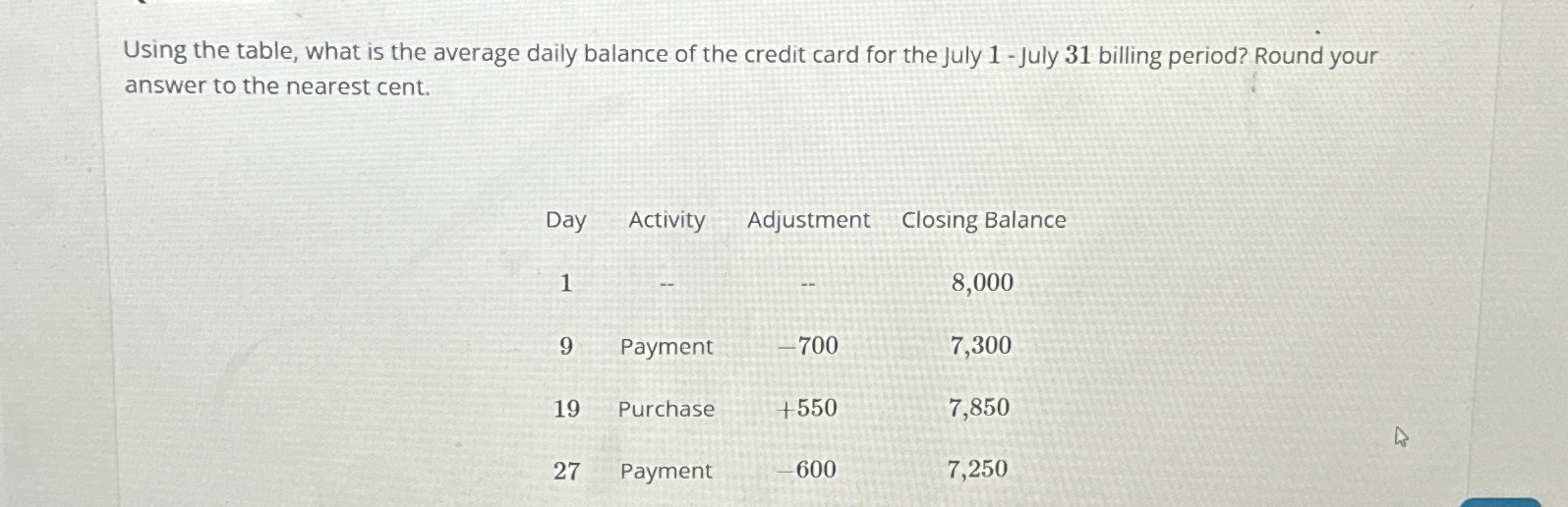 Solved Using the table, what is the average daily balance of | Chegg.com