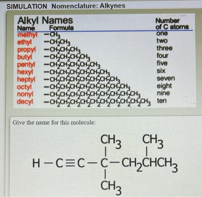 Solved one SIMULATION Nomenclature: Alkynes Alkyl Names | Chegg.com