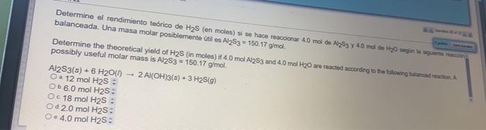 Solved Determine el rendimiento teórico de H2S (en moles) si | Chegg.com