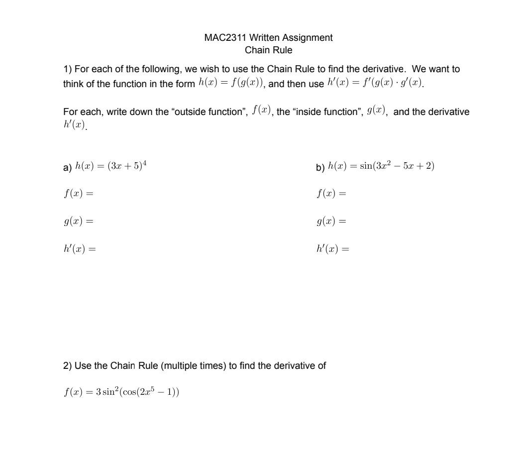 Solved MAC2311 Written Assignment Chain Rule 1) For each of | Chegg.com