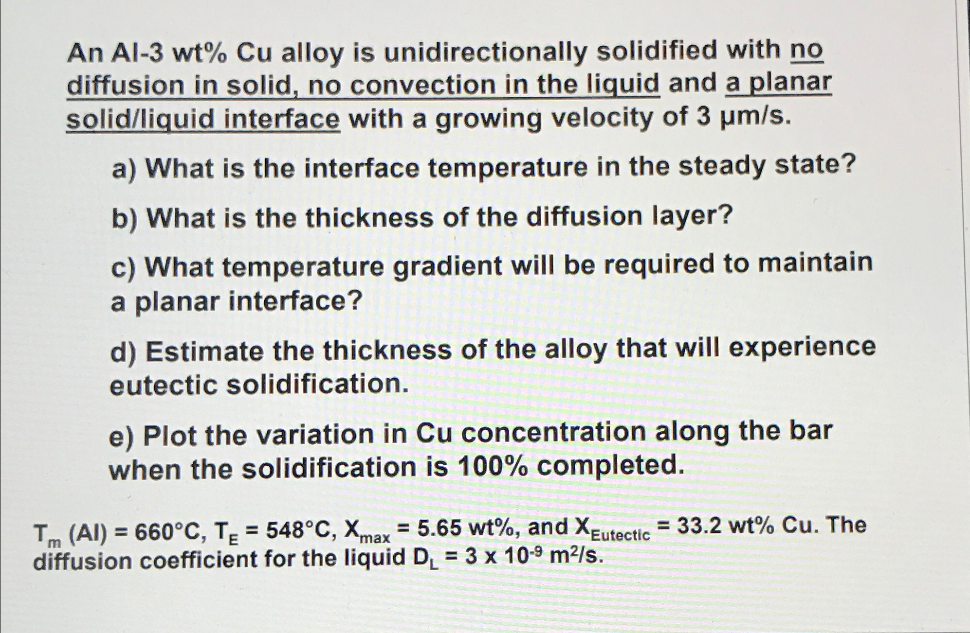 Solved An Al-3wt%Cu ﻿alloy is unidirectionally solidified | Chegg.com