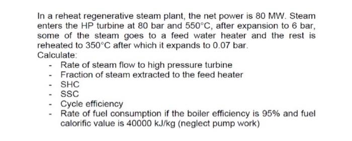 Solved In a reheat regenerative steam plant, the net power | Chegg.com