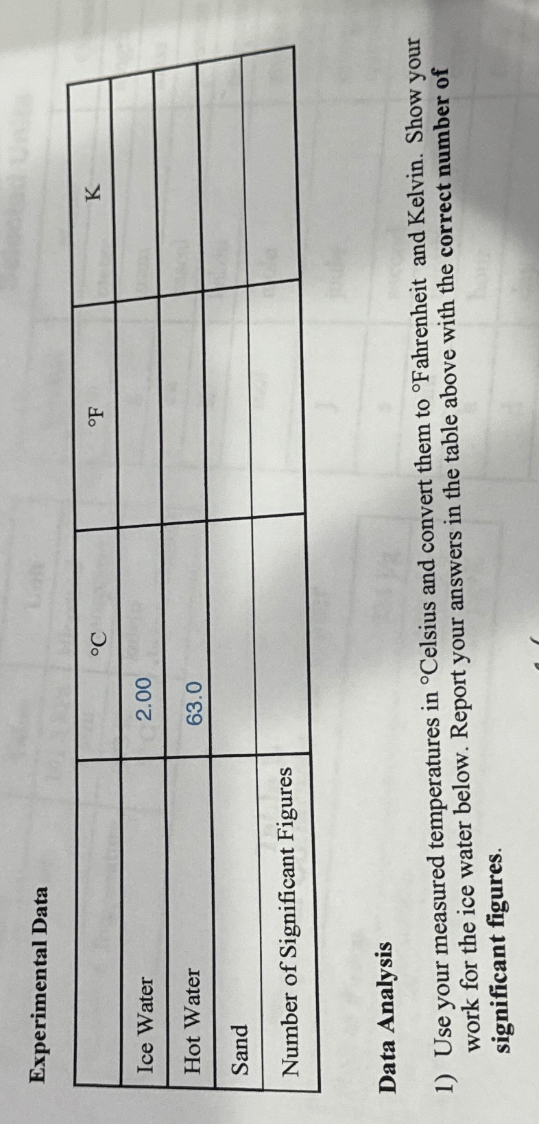 Solved Experimental Data\table[[,°C,°F,],[Ice | Chegg.com