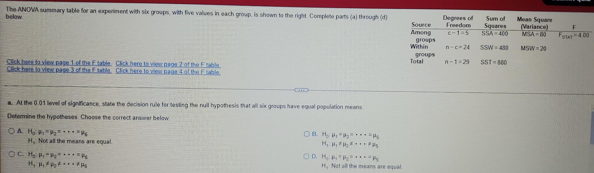 Solved The ANOVA summary table for an experiment with six | Chegg.com