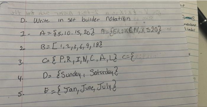Solved D. Write in set builder notation 1. | Chegg.com