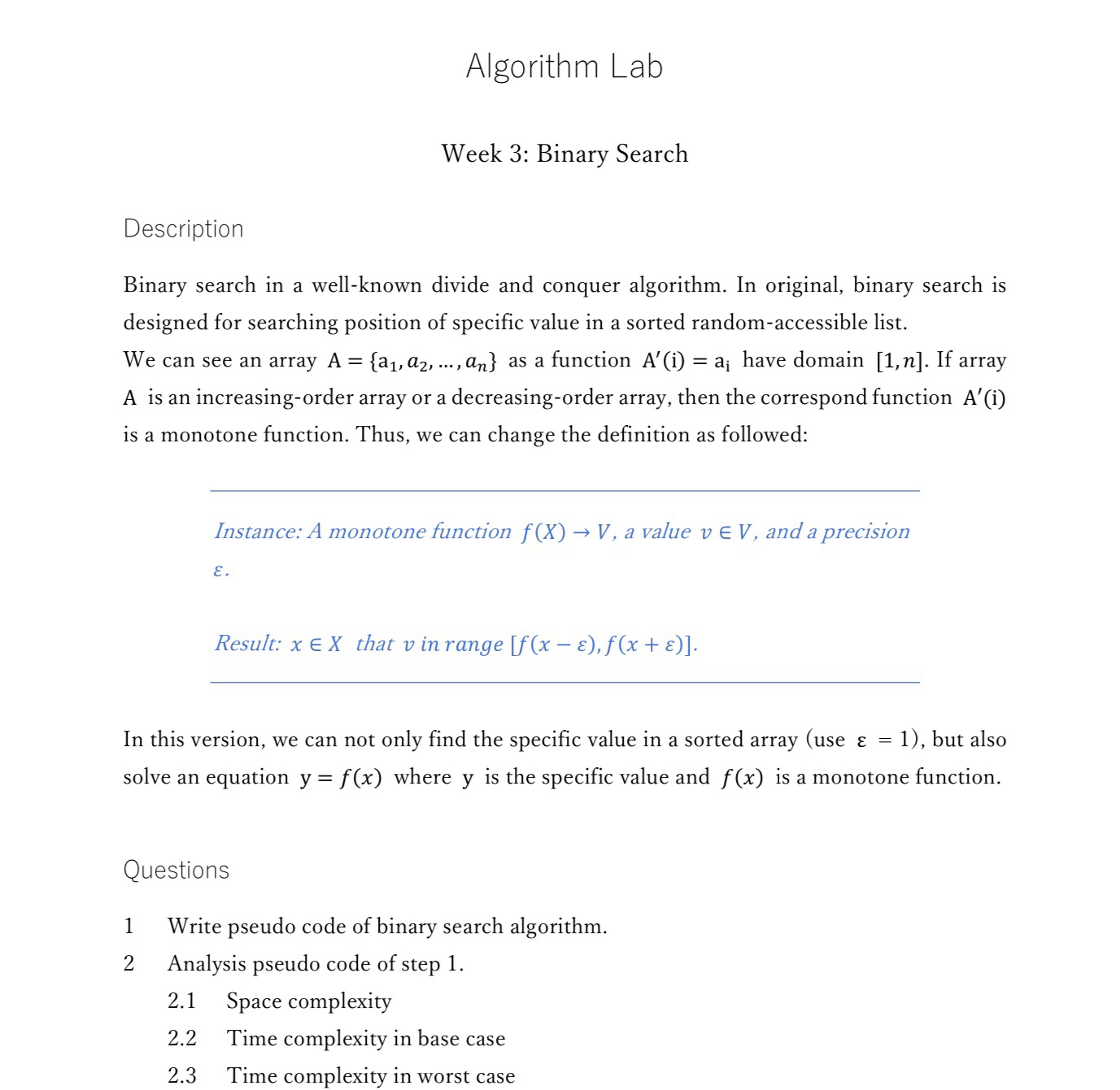Algorithm LabWeek 3: Binary SearchDescriptionBinary | Chegg.com
