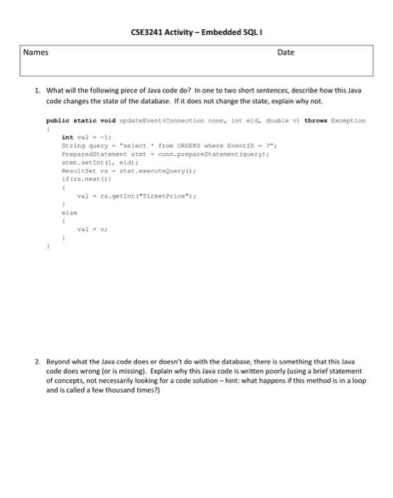 Solved Cse3241 Activity Embedded Sql I Names Date 1 What 