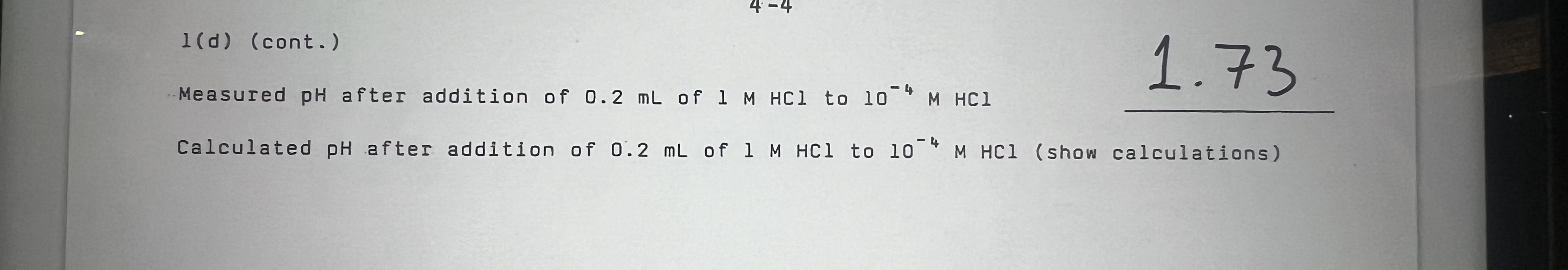 Solved I(d) (cont.)Measured pH ﻿after addition of 0.2mL ﻿of | Chegg.com