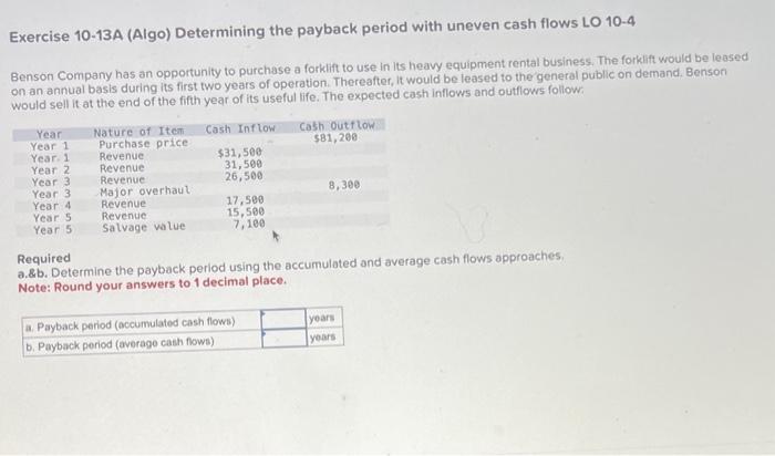 Solved Exercise 10-13A (Algo) Determining the payback period | Chegg.com