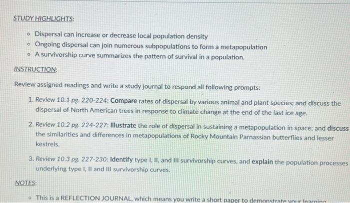 Solved STUDYHIGHLIGHTS: - Dispersal can increase or decrease | Chegg.com