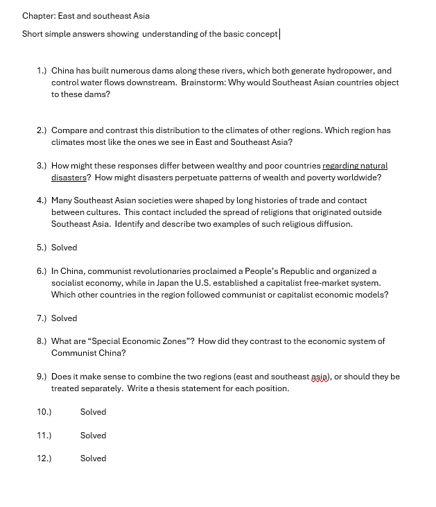 Solved Chapter: East and southeast AsiaShort simple answers | Chegg.com